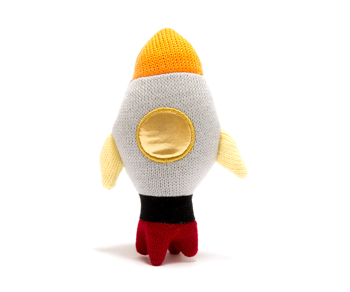 Knitted space rocket baby rattle - spaceship teddy new baby gift