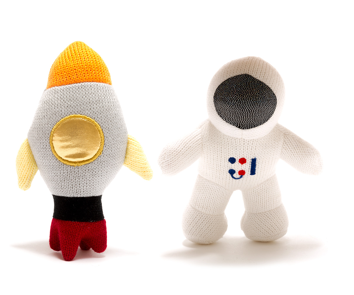 Knitted astronaut baby rattle - spaceman teddy, new baby gift