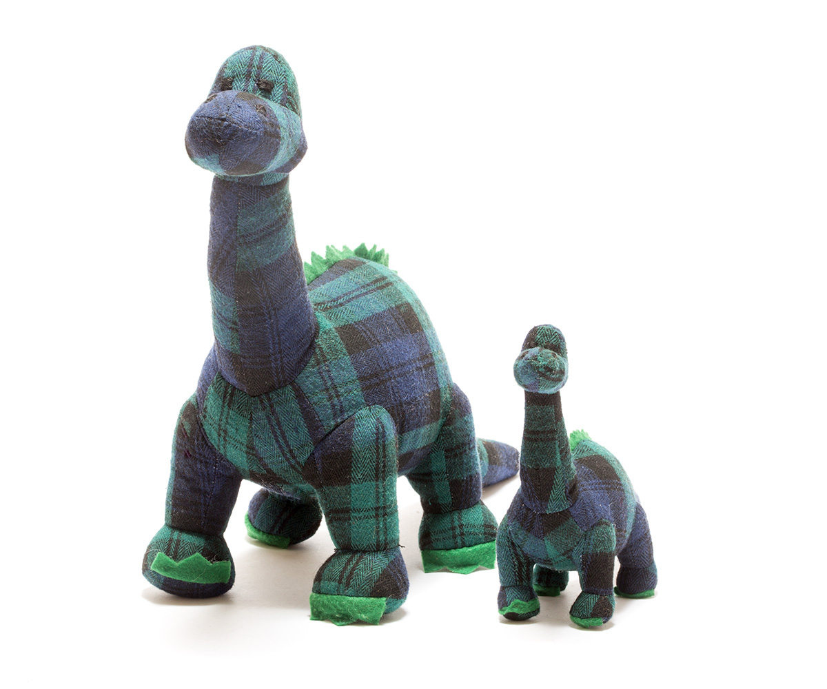 Knitted diplodocus dinosaur toy in blue tartan, dinosaur teddy