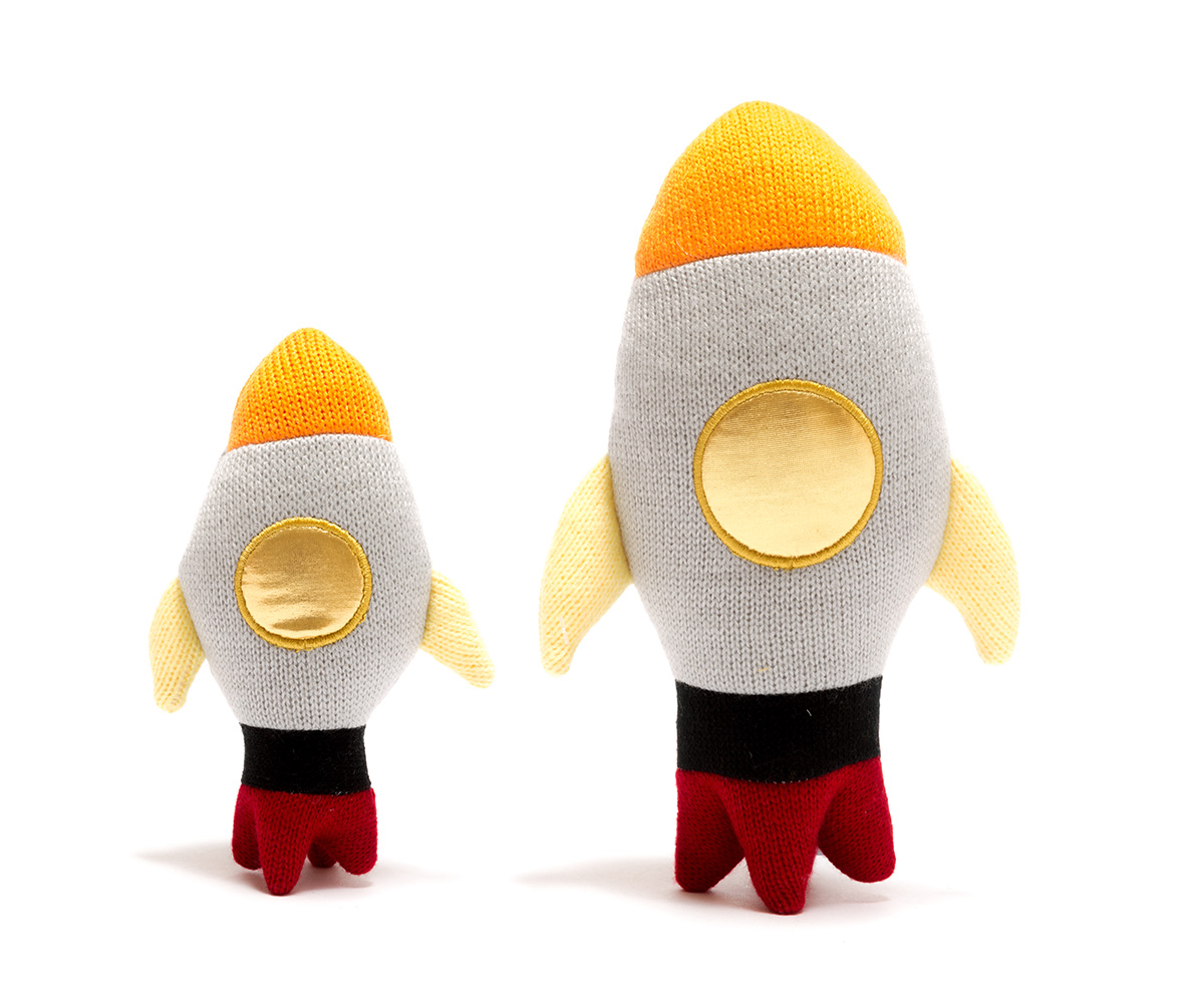 Knitted space rocket baby rattle - spaceship teddy new baby gift