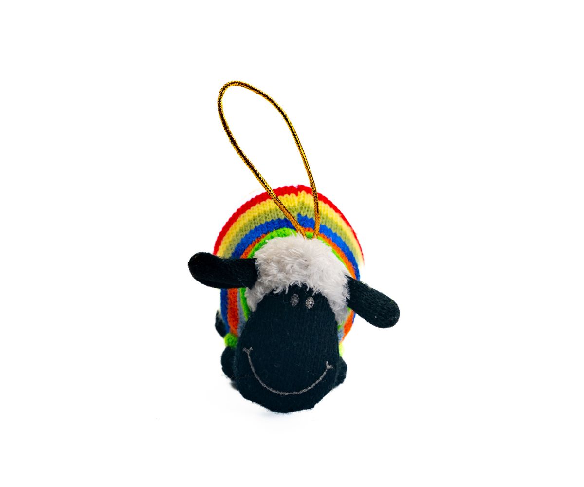 Woolly Sheep in rainbow stripe jumper hanging decoration