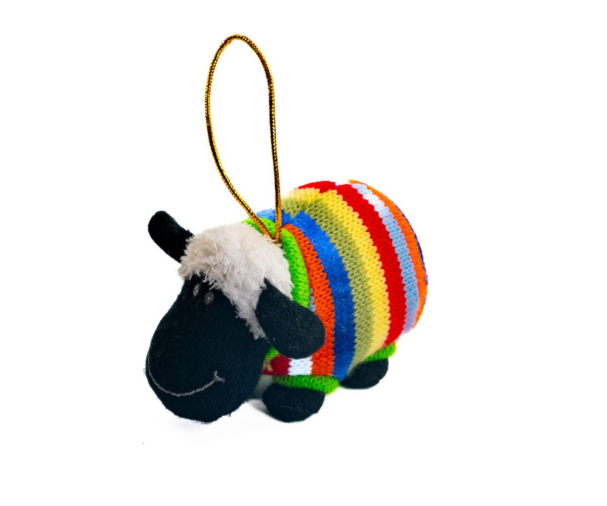 Woolly Sheep in rainbow stripe jumper hanging decoration