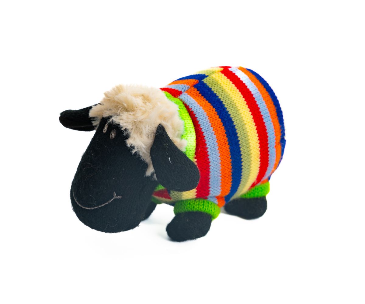 Small Woolly Sheep soft toy in rainbow stripe jumper - kids gift