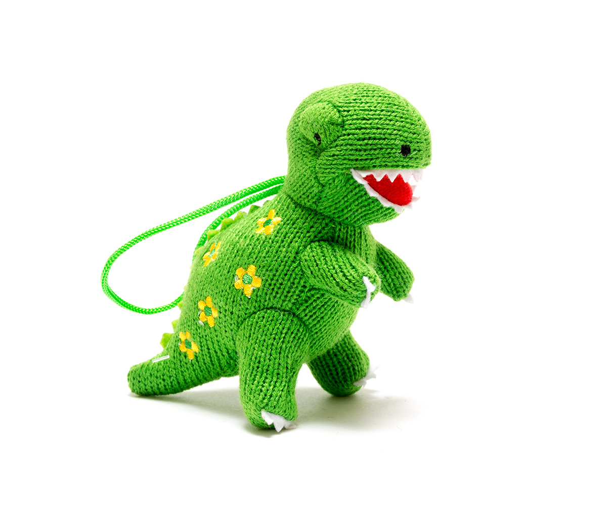 Knitted T Rex dinosaur with flowers Spring hanging decoration