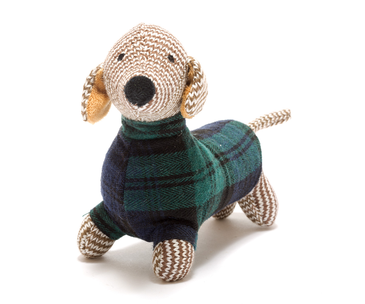 Knitted sausage dog baby rattle soft toy with blue tartan jumper