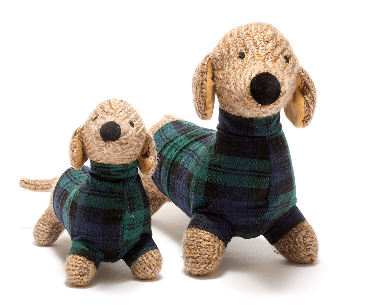 Knitted sausage dog baby rattle soft toy with blue tartan jumper