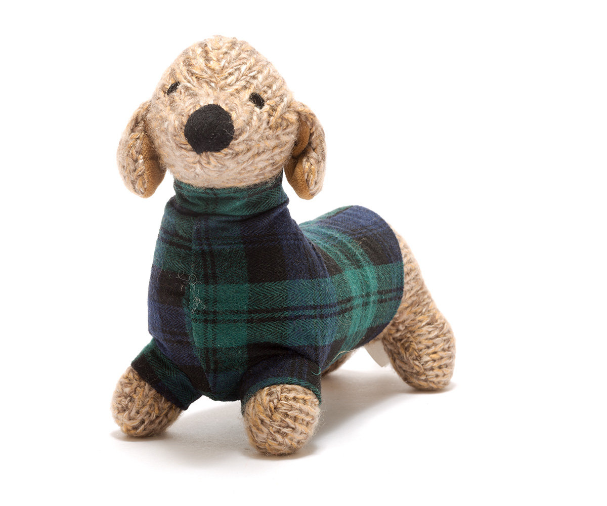Knitted sausage dog soft toy with tartan jumper - knitted dachshund toy