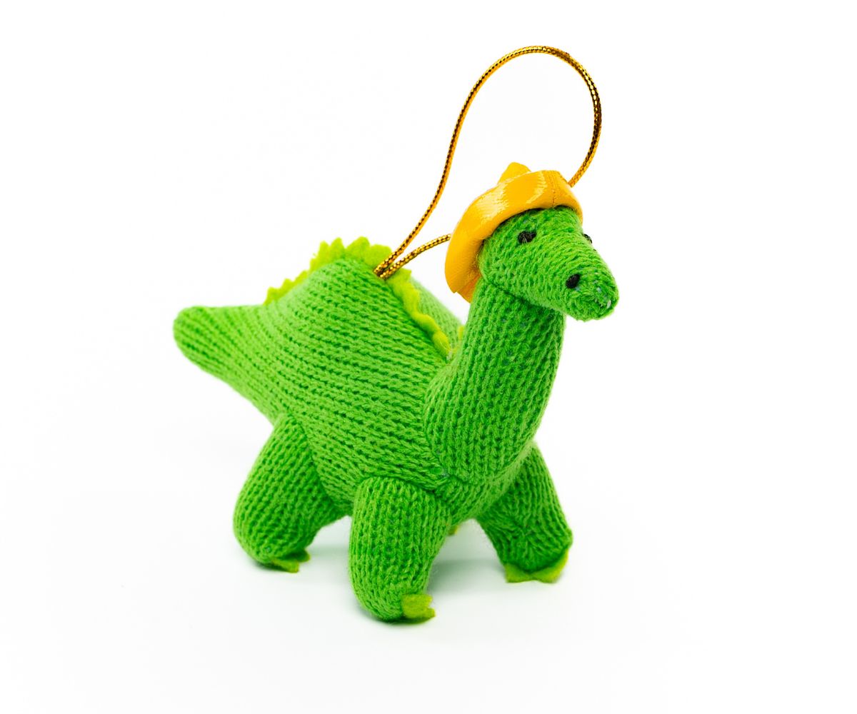 Knitted green diplodocus dinosaur Spring decoration with rain hat