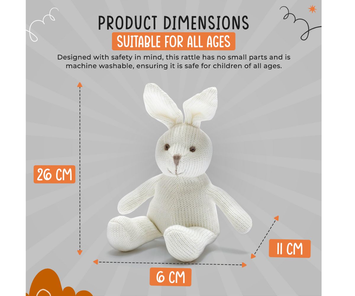 White bunny baby rattle, newborn baby toy, unique baby gift.
