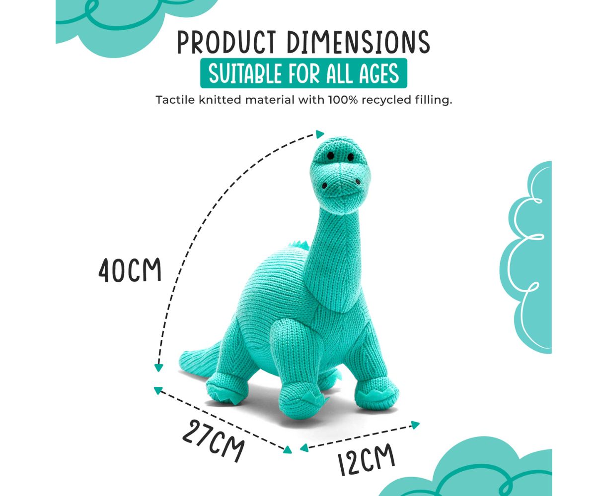 Best Dinosaur Toys. Ice blue diplodocus knitted dinosaur soft toy