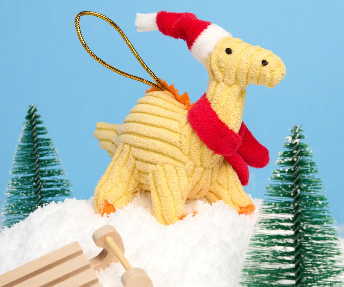 Corduroy yellow diplodocus dinosaur hanging decoration - Xmas bauble