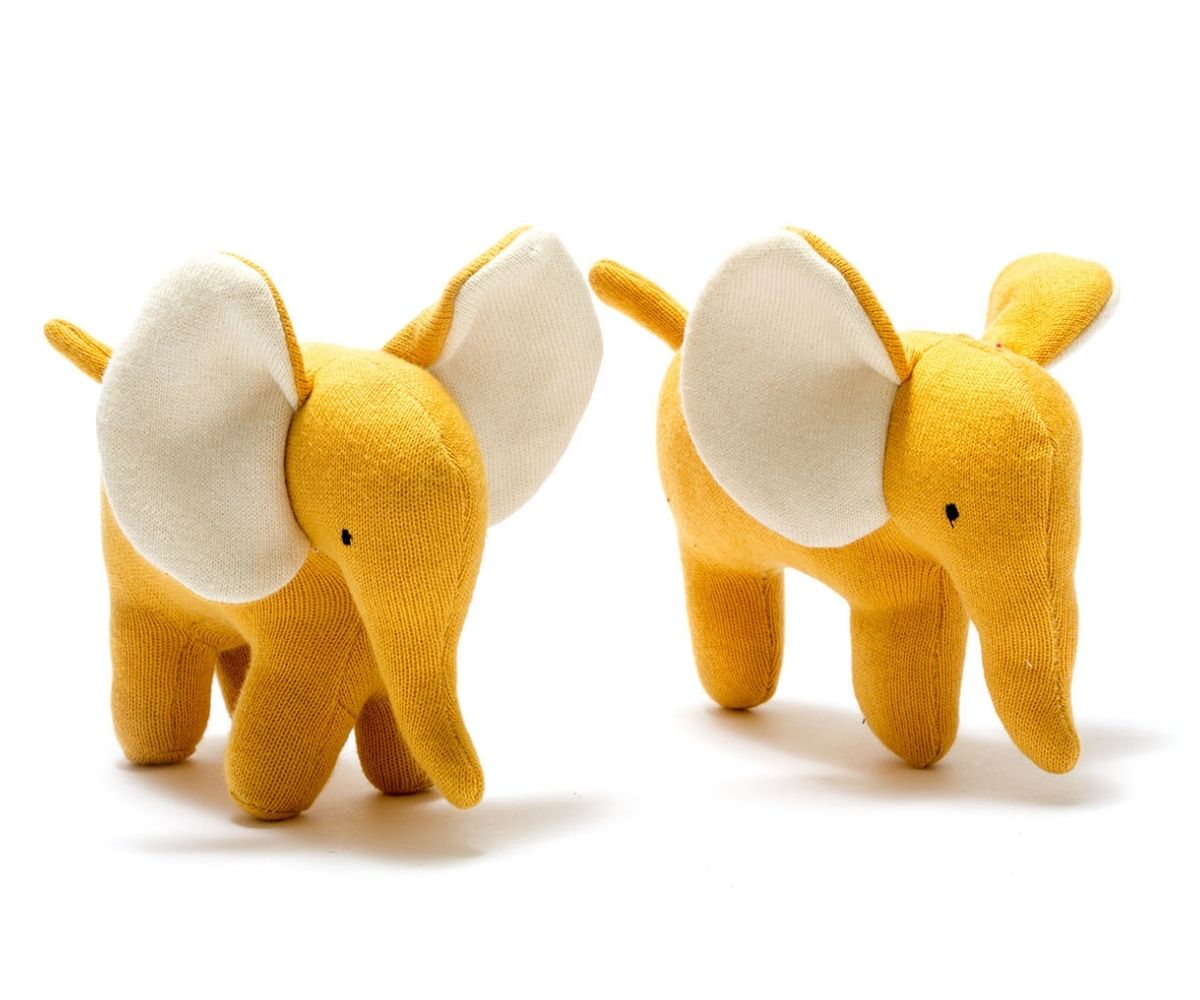 Organic cotton elephant baby toy mustard, Scandi toy baby gift