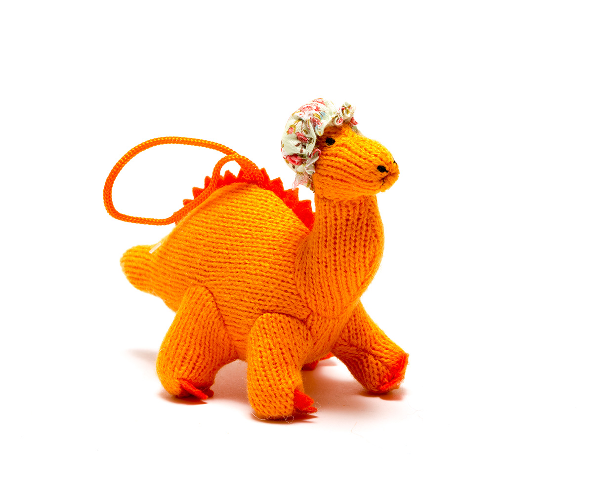 Knitted diplodocus dinosaur with cap, Spring hanging decoration