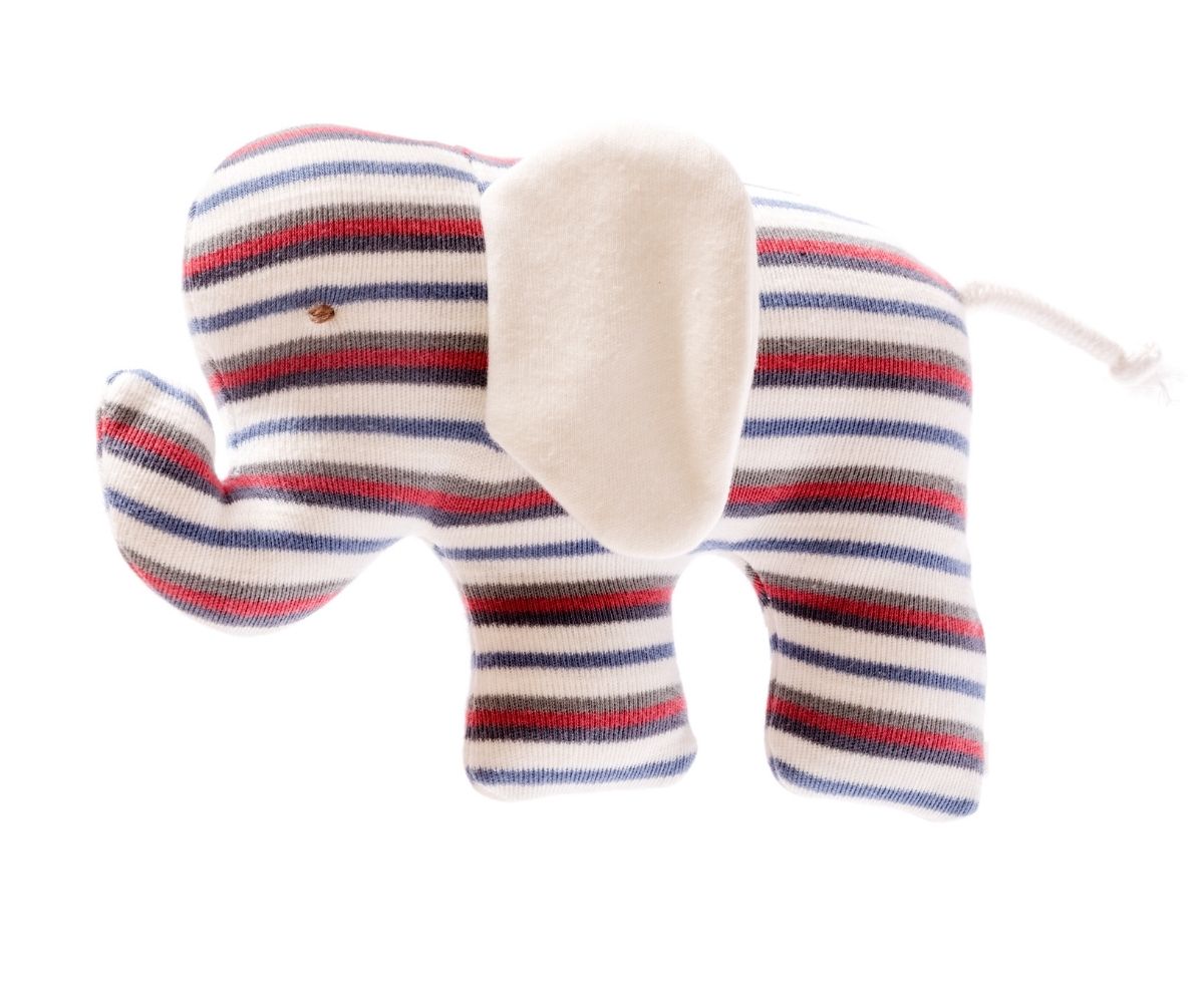 Organic elephant baby toy in red, white & blue stripes, new baby gift