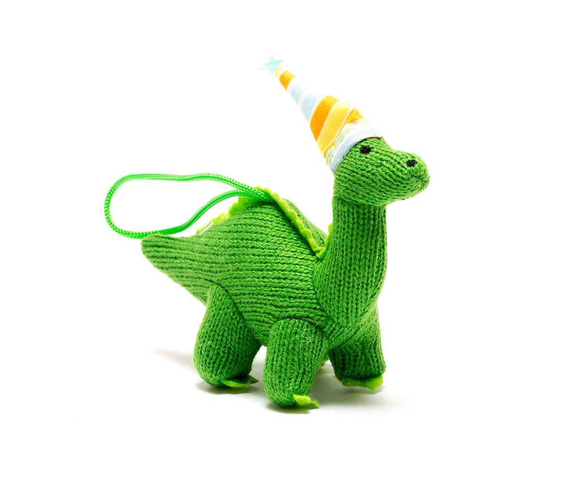 Knitted diplodocus dinosaur with party hat, Spring hanging decoration