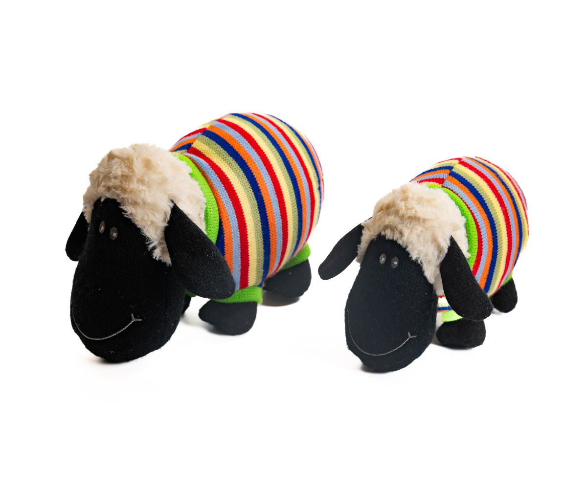 Small Woolly Sheep soft toy in rainbow stripe jumper - kids gift