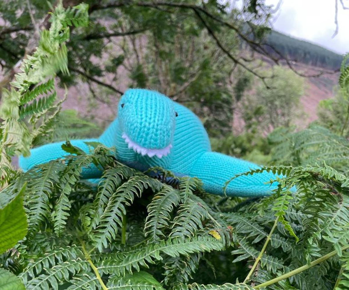 Knitted plesiosaurus dinosaur baby rattle - baby dinosaur teddy