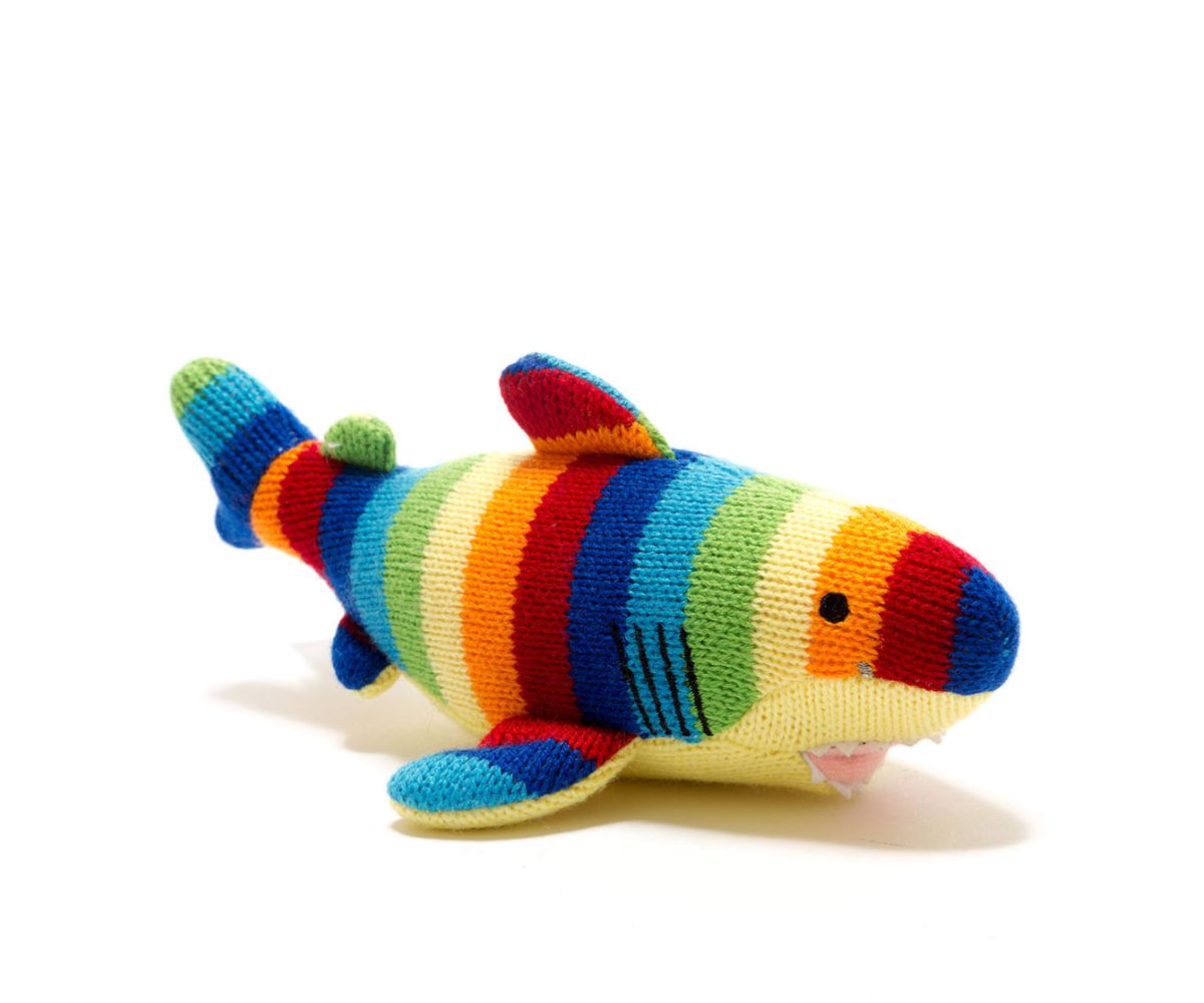 Knitted shark baby rattle in bold stripes - suitable from birth