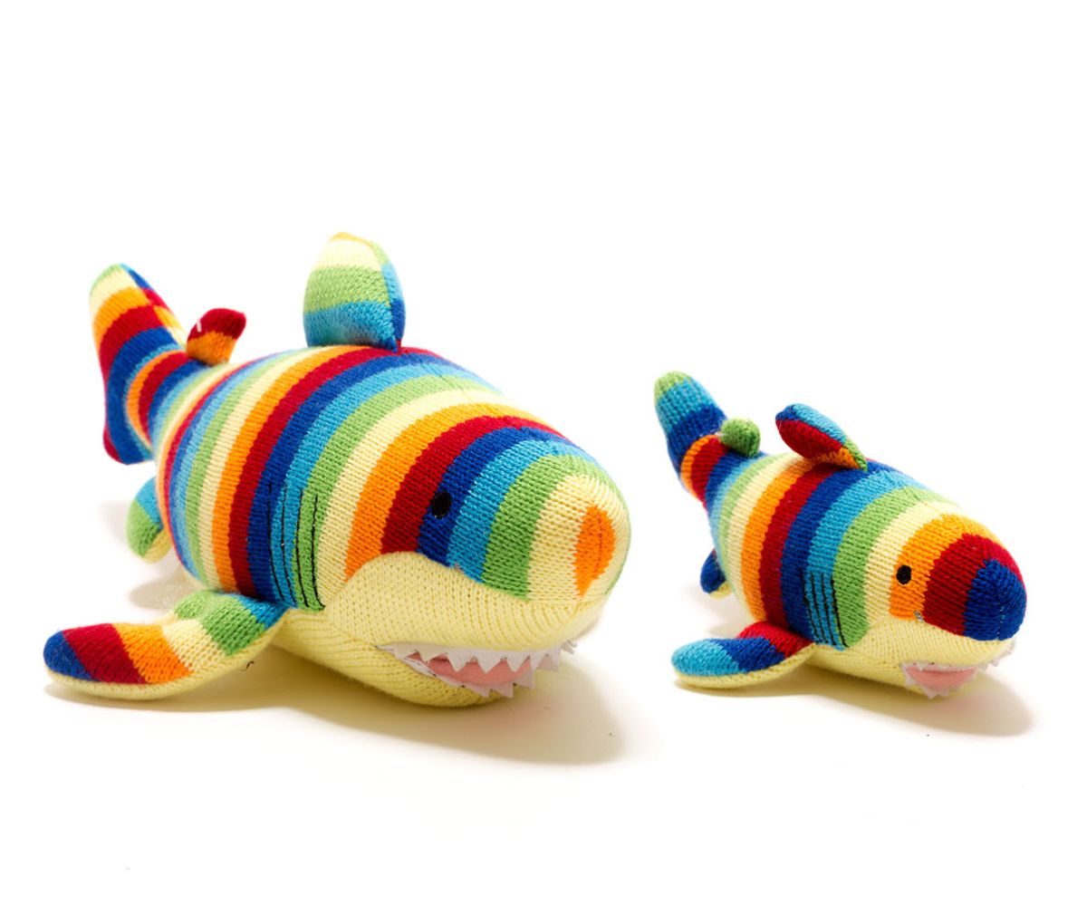 Knitted shark soft toy in bold stripes - suitable from birth