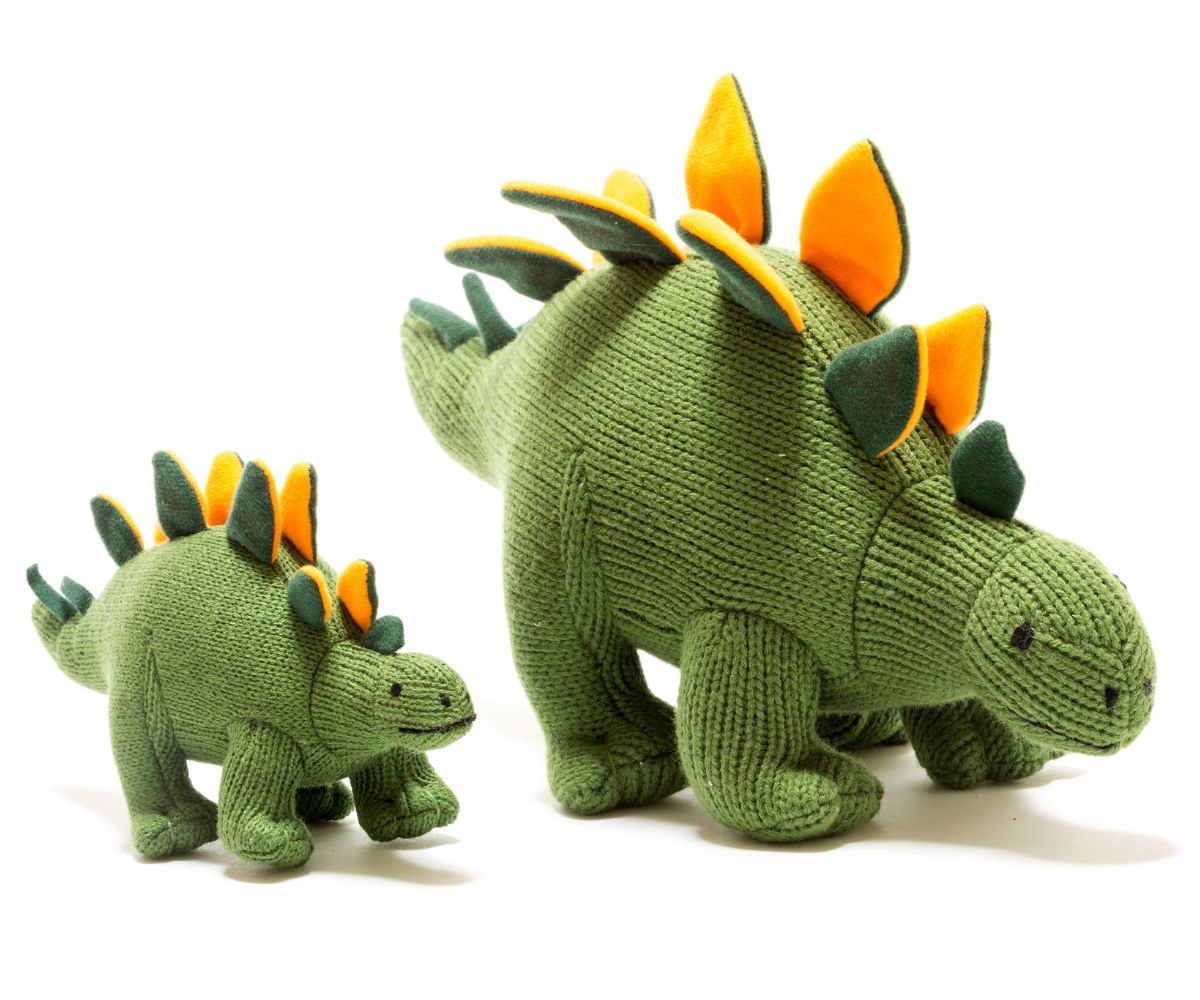 Knitted stegosaurus dinosaur baby rattle in moss green & orange spikes