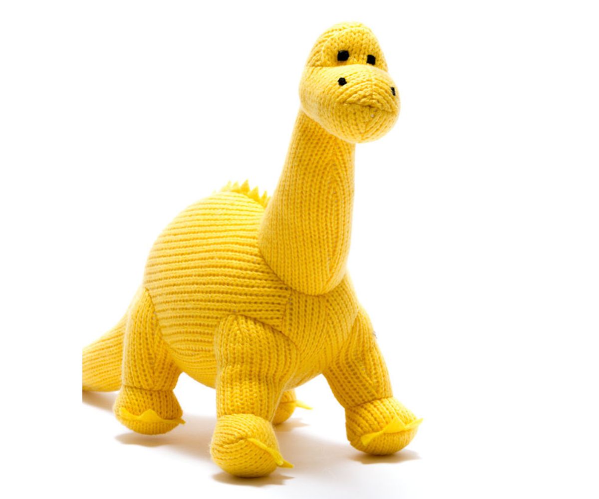Knitted yellow diplodocus dinosaur soft toy - kids dinosaur teddy
